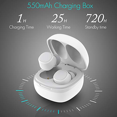 August True Wireless Earbuds EP800 - Bluetooth 5.0 Headphones with Wireless Charging Case IPX6 Waterproof / 25H Playback/Built-in Microphone/DSP Noise Reduction/Stereo Sound Earphones White