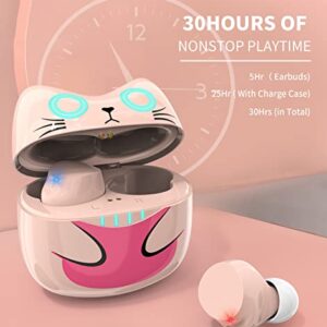 Togetface Girls Wireless Earbuds,Tiny Bluetooth 5.0 Earbuds with Cute Pink Cat Charging Case,HiFi Stereo Sound,Mic for Clear Calls Touch Control,36H Playtime Lightweight Wireless Headphones for Kids