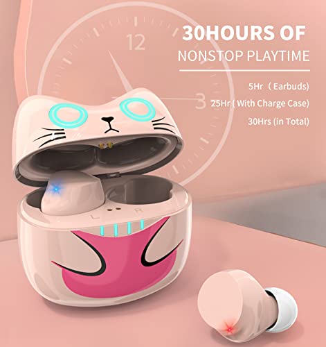 Togetface Girls Wireless Earbuds,Tiny Bluetooth 5.0 Earbuds with Cute Pink Cat Charging Case,HiFi Stereo Sound,Mic for Clear Calls Touch Control,36H Playtime Lightweight Wireless Headphones for Kids