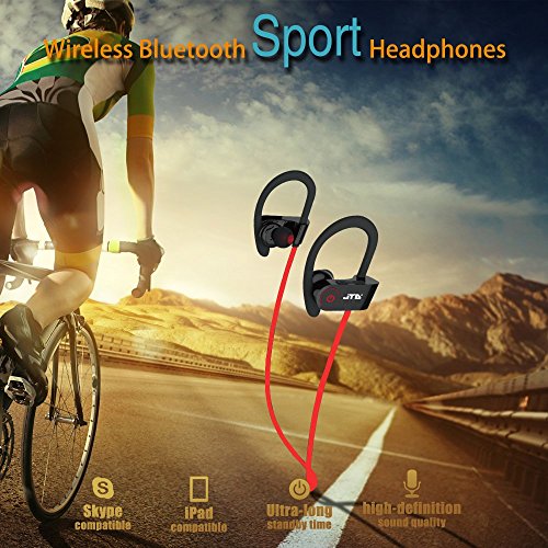 JTD ® Premium Wireless Bluetooth 4.1 Headphones Noise Cancelling Light-Weight Sweat Proof Headphones with Microphone,Great for Sports,Running,Gym Wireless Bluetooth Earphones (Red Wire)