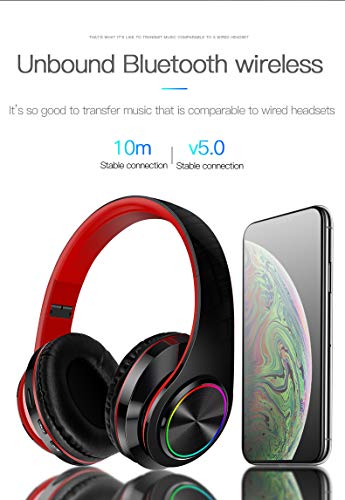 Amazing 7 LED Bluetooth Headphones with 8Hours Playtime, Wireless Headsets Over Ear, Hi-Fi Stereo, Multi-Colored Breathing Led, Built-in Mic, Snug Fit Earphones for Game Video DJ (Black Red)