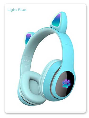 FMZ Kids Girls Wired Wireless Headphones Bluetooth Foldable Cat Rabbit Ear Headsets LED Light up w/Mic Earphone (Teal)