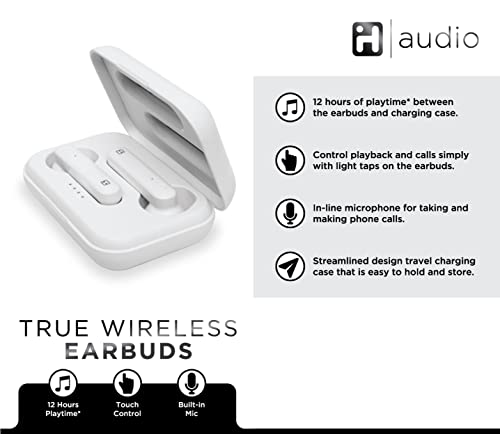 Bytech iHome Touch True Wireless Earbuds Charging Case Music Phone Conference Calls, 12 Hours Playtime