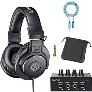 Audio-Technica ATH-M30x Professional Studio Monitor Headphones for Studio Tracking and Mixing (Black) Bundle with Blucoil 4-Channel Headphone Amplifier, and 6-FT Headphone Extension Cable (3.5mm)