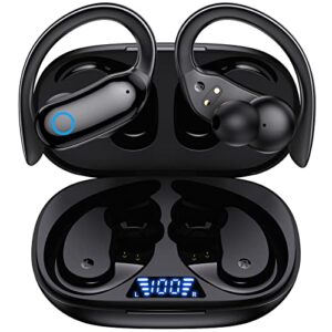 gnmn bluetooth headphones wireless earbuds 48hrs playback ipx7 waterproof earphones over-ear stereo bass headset with earhooks microphone led battery display for sports/workout/gym black