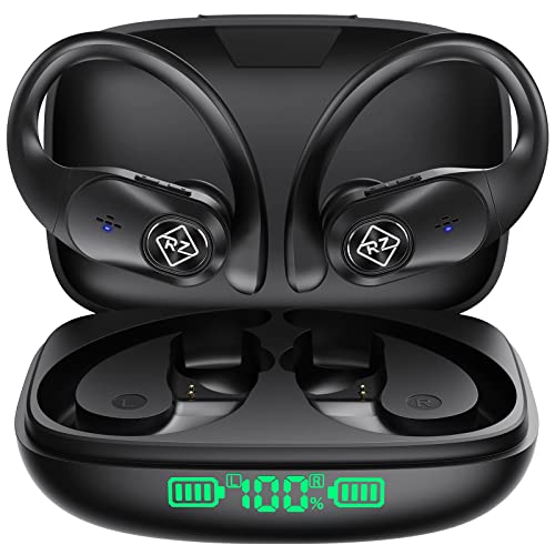 RIZIZI Wireless Earbuds Bluetooth Headphones with Wireless Charging Case and LED Digital Display 40hrs Playtime Built in Mic Waterproof Earphones with Over Earhooks Bass Sound Headset for Sport Gym