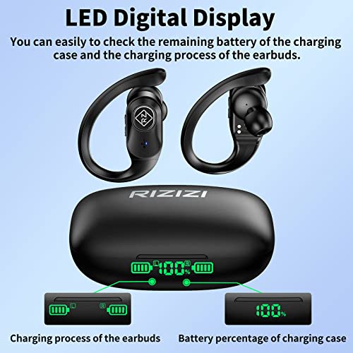 RIZIZI Wireless Earbuds Bluetooth Headphones with Wireless Charging Case and LED Digital Display 40hrs Playtime Built in Mic Waterproof Earphones with Over Earhooks Bass Sound Headset for Sport Gym