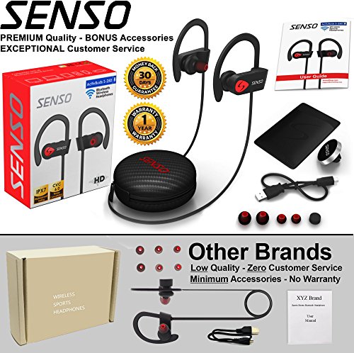 Senso Bluetooth Headphones, Best Wireless Sports Earbuds w/Mic IPX7 Waterproof HD Stereo Sweatproof Earphones for Gym Running Workout Noise Cancelling Earphones Earbuds Noise Cancelling Headsets