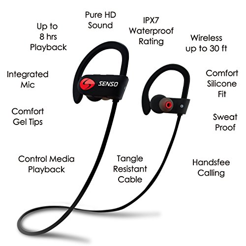 Senso Bluetooth Headphones, Best Wireless Sports Earbuds w/Mic IPX7 Waterproof HD Stereo Sweatproof Earphones for Gym Running Workout Noise Cancelling Earphones Earbuds Noise Cancelling Headsets