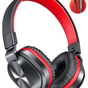 On-Ear Headphones with Microphone, 2022 Newest Foldable Wired Headphones for Adults Kids, Lightweight Portable Stereo Headphones with 1.5M Tangle-Free Cord for School Home, Black in Red (AB078)