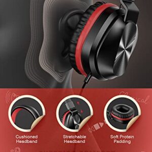 On-Ear Headphones with Microphone, 2022 Newest Foldable Wired Headphones for Adults Kids, Lightweight Portable Stereo Headphones with 1.5M Tangle-Free Cord for School Home, Black in Red (AB078)