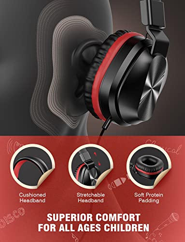 On-Ear Headphones with Microphone, 2022 Newest Foldable Wired Headphones for Adults Kids, Lightweight Portable Stereo Headphones with 1.5M Tangle-Free Cord for School Home, Black in Red (AB078)