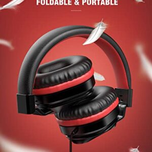 On-Ear Headphones with Microphone, 2022 Newest Foldable Wired Headphones for Adults Kids, Lightweight Portable Stereo Headphones with 1.5M Tangle-Free Cord for School Home, Black in Red (AB078)