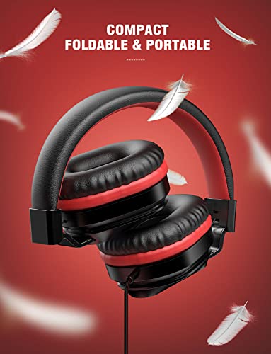 On-Ear Headphones with Microphone, 2022 Newest Foldable Wired Headphones for Adults Kids, Lightweight Portable Stereo Headphones with 1.5M Tangle-Free Cord for School Home, Black in Red (AB078)