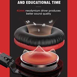 On-Ear Headphones with Microphone, 2022 Newest Foldable Wired Headphones for Adults Kids, Lightweight Portable Stereo Headphones with 1.5M Tangle-Free Cord for School Home, Black in Red (AB078)