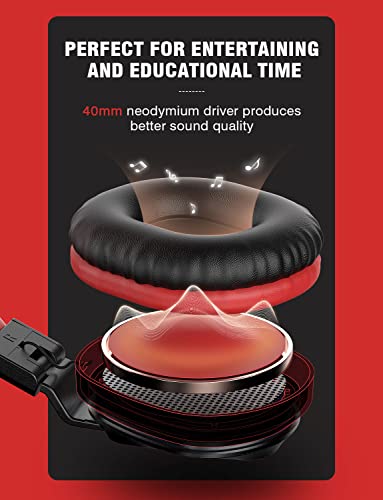 On-Ear Headphones with Microphone, 2022 Newest Foldable Wired Headphones for Adults Kids, Lightweight Portable Stereo Headphones with 1.5M Tangle-Free Cord for School Home, Black in Red (AB078)