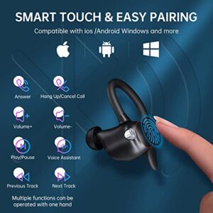 NANSON Headphones Wireless Earbuds 60hrs Playback IPX7 Waterproof Earphones Over-Ear Stereo Bass Headset with Earhooks Microphone LED Battery Display for Sports/Workout/Gym/Running Black