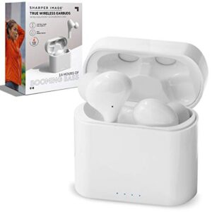 sharper image soundhaven wireless earbuds, bluetooth 5.0 with qi wireless charging, earphones with 4 mics, 16 hr playtime, ergonomic design, 5 ear tip sizes