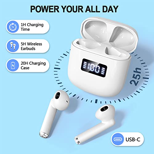 Wireless Earbuds, Bluetoth Earbuds Bluetooth 5.3 Headphones with 4 Mic, Ear Buds Wireless Bluetooth Earbuds, Wireless Headphones Sport with Noise Cancelling, 25H Playtime Earphones, LED Display, White