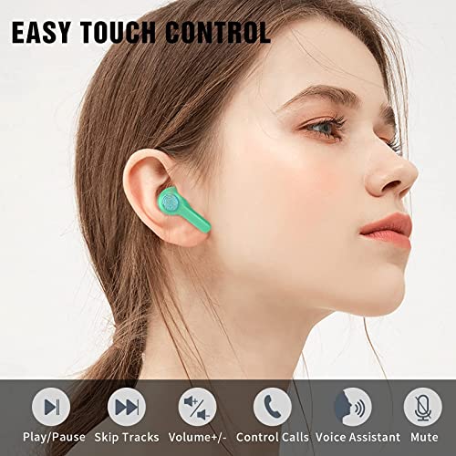 Lanteso True Wireless Earbuds, TWS Bluetooth Earbuds with Mics Clear Call Touch Control Bluetooth Headphones with Bass Sound in Ear Earphones for Music,Home Office(Mint Green)…