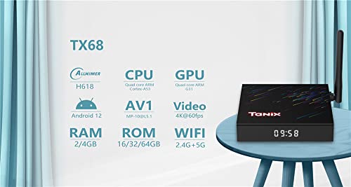 Android 12.0 TV Box,TX68 4GB RAM 32GB ROM H618 Quad-Core 64bit CPU Support WiFi6 Dual 2.4G/5.8G WiFi Ethernet BT5.0 4K 6K HDR10 Ultra HD Smart Home Player Tanix Set Top Box