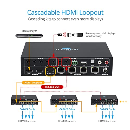 gofanco HDMI 2.0 2x4 Splitter/Extender – Up to 230ft CAT Extension, 4K 60Hz 4:4:4, HDR, HDMI 2.0, HDCP 2.2, Dual IR, PoC, EDID, Auto Downscale, Loopout, Cascadable, Firmware Upgradable (HDExt24-HD20)