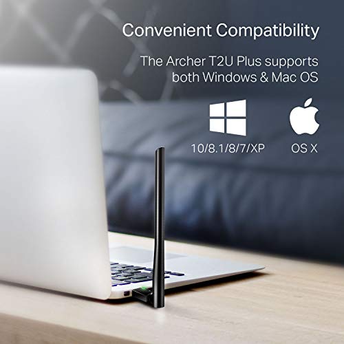 TP-Link AC600 USB WiFi Adapter for PC (Archer T2U Plus)- Wireless Network Adapter for Desktop with 2.4GHz, 5GHz High Gain Dual Band 5dBi Antenna, Supports Win11/10/8.1/8/7/XP, Mac OS 10.9-10.14