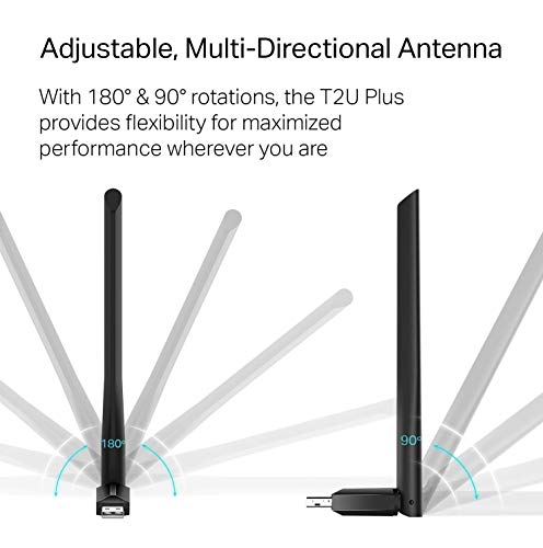 TP-Link AC600 USB WiFi Adapter for PC (Archer T2U Plus)- Wireless Network Adapter for Desktop with 2.4GHz, 5GHz High Gain Dual Band 5dBi Antenna, Supports Win11/10/8.1/8/7/XP, Mac OS 10.9-10.14