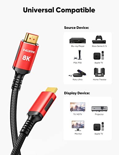 Snowkids 8K HDMI Cable 2.1 10FT 2-Pack, 48Gbps Ultra High Speed HDMI Braided Cord (8K@60Hz 7680x4320, 4K@120Hz) HDCP 2.2&2.3, eARC,HDR10, Dynamic HDR, Compatible with Roku TV/HDTV/PS5/Blu-ray