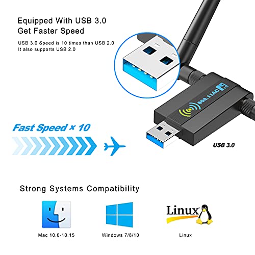 Wireless USB WiFi Adapter for PC: 1300Mbps WiFi USB, 802.11AC WiFi Adapter for Desktop PC, Dual Band WiFi Dongle Wireless Adapter for WIN7 8 10 11 XP MAC Linux, USB Computer Network Adapters