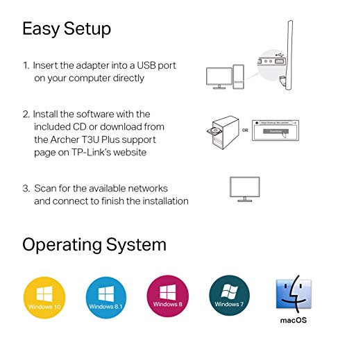 TP-Link USB WiFi Adapter for Desktop PC, AC1300Mbps USB 3.0 WiFi Dual Band Network Adapter with 2.4GHz/5GHz High Gain Antenna(Archer T3U Plus), MU-MIMO, Windows 11/10/8.1/8/7/XP, Mac OS 10.9-10.15