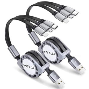 minlu multi charging cable 3a 2pack 4ft 3 in 1 retractable charging cord multi usb cable fast charger cord adapter with ip/type c/micro usb port for cell phones/ip/samsung galaxy/ps/tablets and more