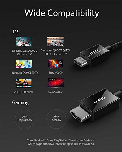 Anker 8K@60Hz HDMI Cable, Ultra High Speed 4K@120Hz 48Gbps 6.6 ft Ultra HD HDMI to HDMI Cord, Support Dynamic HDR, eARC, Dolby Atmos, Compatible with PlayStation 5, Xbox Series X, Samsung TVs and More