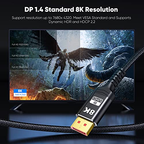 Capshi VESA Certified DisplayPort Cable 1.4, 8K DP Cable 10FT (8K@60Hz, 4K@144Hz, 2K@240Hz) HBR3 Support 32.4Gbps, HDCP 2.2, HDR10 FreeSync G-Sync for Gaming Monitor 3090 Graphics PC