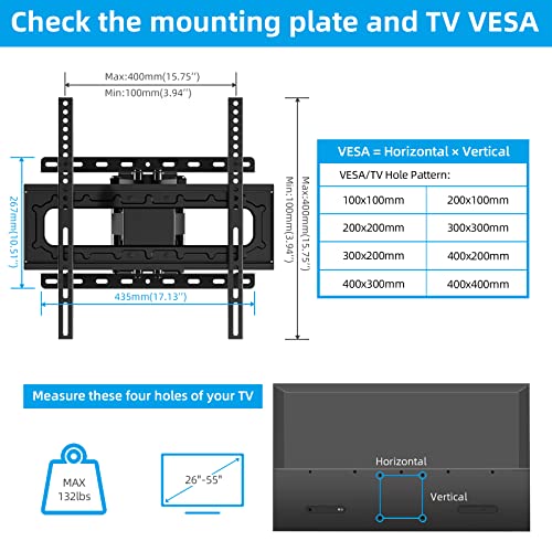 HOMEVISION TV Wall Mount, Full Motion Swivel Tilt TV Mount for Most 26-65inch, Some up to 70inch LED LCD OLED TV with Dual Articulating Arms Wall Mount Bracket Max VESA 400x400mm 132lbs Fits 16" Stud