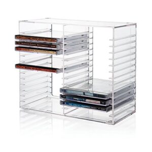 stori stackable clear plastic cd organizer with rubber feet | rectangular jewel cases holder perfect for office and theatre room | holds up to 30 cd cases | made in usa