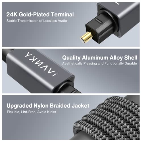 IVANKY Optical Audio Cable 10ft/3M, Slim Braided Fiber Audio Cable, Digital Optic Cord,Toslink Cable, Aluminum Shell, Gold-Plated for Sound Bar, TV, PS4, Xbox, Samsung, Vizio - CL3 Rated