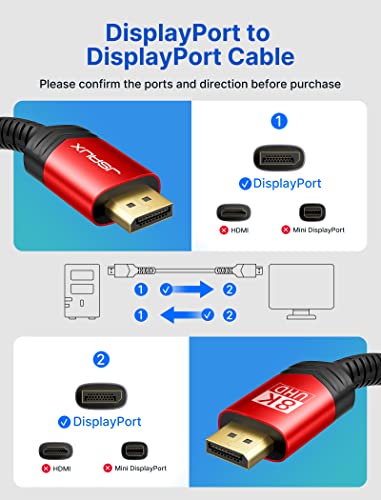 JSAUX 8K DisplayPort Cable 1.4, DP Cable 6.6ft（8K@60Hz, 2K@240Hz, 4K@144Hz, 32.4Gbps）, Display Port to Display Port Cable 1.4 (DP to DP Cable) Compatible for Gaming Laptop TV PC Computer Monitor-Red