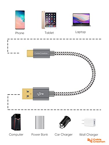 CableCreation 6 inch USB C Cable Short, Short USB to USB C Cable 3A Fast Charging Cable, Braided USB C Male to USB Male Cable for Power Bank, Galaxy S23, iPad Pro iPad Mini S22 S21 Z Flip, etc, Gray