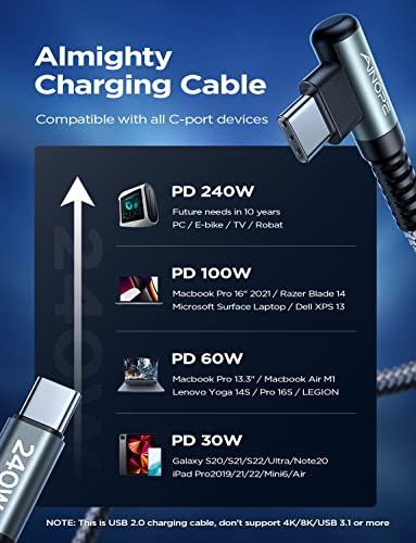 AINOPE 240W USB C to USB C Cable 6.6ft/2Pack, Type C to Type C Cable Fast Charging, USB C Charger Cable Right Angle Compatible with MacBook Pro/Air, iPad Pro 12.9/11/Air/Mini, Samsung S23/22/21/20