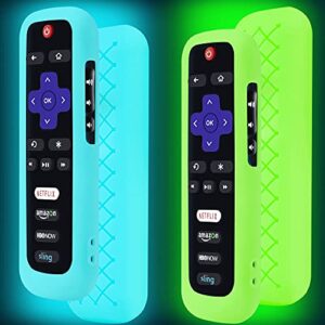 2 pack remote case for roku, battery cover for tcl roku smart tv steaming stick remote, roku tv remote cover silicone protective controller universal sleeve skin glow in the dark blue and green