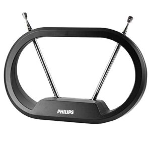 philips modern loop rabbit ears indoor tv antenna, 15 inch extendable dipoles, 4k 1080p vhf uhf, tabletop antenna, digital hdtv antenna, smart tv compatible, 4ft coaxial cable, black, sdv7114a/27