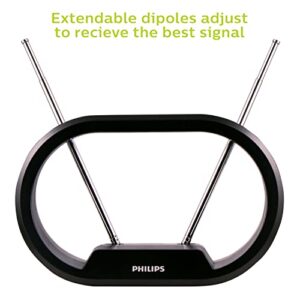 Philips Modern Loop Rabbit Ears Indoor TV Antenna, 15 inch Extendable Dipoles, 4K 1080P VHF UHF, Tabletop Antenna, Digital HDTV Antenna, Smart TV Compatible, 4ft Coaxial Cable, Black, SDV7114A/27