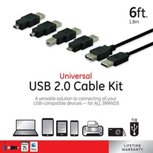 GE Universal USB 2.0 Adapter Kit, 6ft. A Male to A Female Extension Cable, 4 Adapters Included: A Male to B Male, A Male to Mini B (4 Pin), A Male to Mini B (5 Pin), A Male to Micro USB, 33758