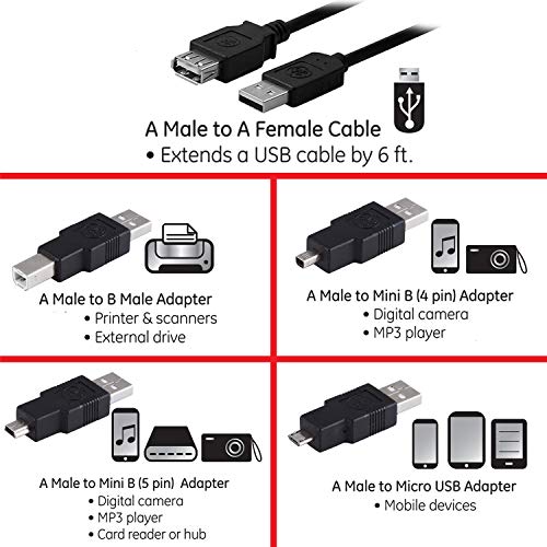 GE Universal USB 2.0 Adapter Kit, 6ft. A Male to A Female Extension Cable, 4 Adapters Included: A Male to B Male, A Male to Mini B (4 Pin), A Male to Mini B (5 Pin), A Male to Micro USB, 33758