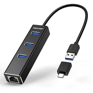 tecknet usb to ethernet adapter, usb c to ethernet, aluminum 3 port usb 3.0 hub with rj45 10/100/1000 gigabit ethernet adapter converter lan wired, usb network adapter with usb c adapter for laptop