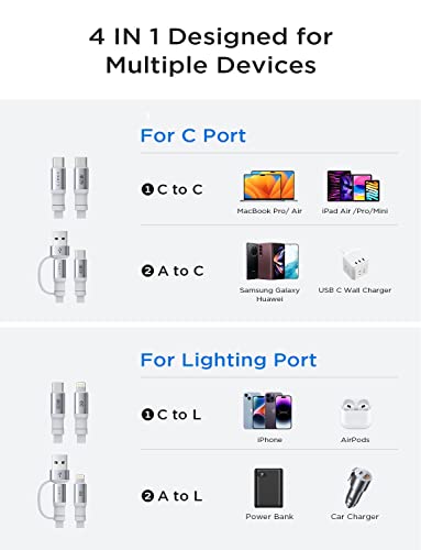 LISEN 4 in 1 Multi Charging Cable [Carry Anywhere] [Fast Charge All Devices] 60W PD USB C Charging Cable Retractable iPhone Charger Multiple Cord for Samsung Galaxy S23+/iPhone 14/Laptop/iPad(3.3FT)