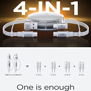 LISEN 4 in 1 Multi Charging Cable [Carry Anywhere] [Fast Charge All Devices] 60W PD USB C Charging Cable Retractable iPhone Charger Multiple Cord for Samsung Galaxy S23+/iPhone 14/Laptop/iPad(3.3FT)