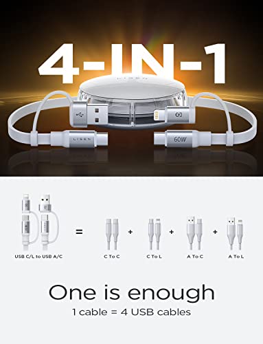 LISEN 4 in 1 Multi Charging Cable [Carry Anywhere] [Fast Charge All Devices] 60W PD USB C Charging Cable Retractable iPhone Charger Multiple Cord for Samsung Galaxy S23+/iPhone 14/Laptop/iPad(3.3FT)