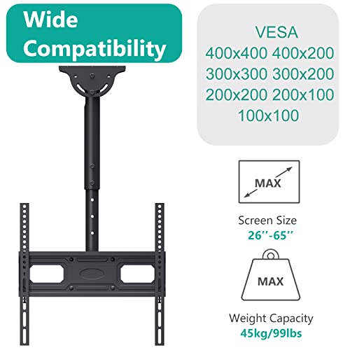 WALI Ceiling TV Mount, Full Motion Adjustable TV Mount Bracket Fits Most LED, LCD, OLED 4K TVs 26 to 65 inch, up to 99lbs, VESA 400x400mm (CM2665-P), Black